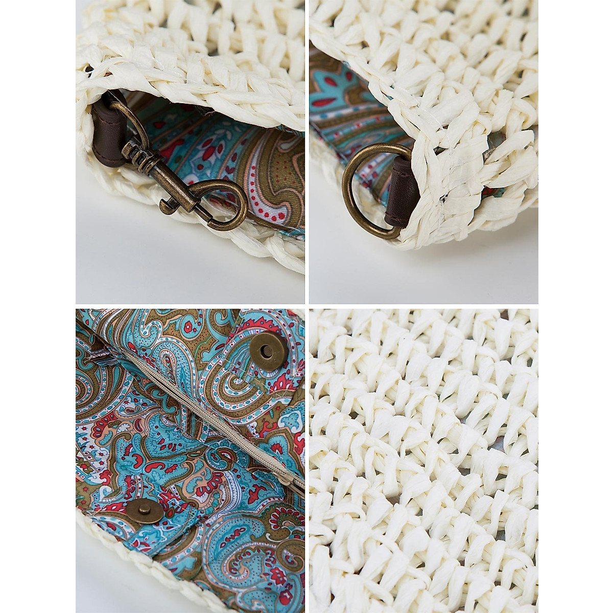 ilishop Women's Classic Woven Straw Tote Summer Beach Weaving Handbag Shoulder Bag (White)