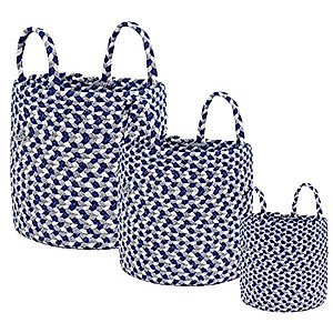 Super Area Rugs Farmhouse Plant Basket/Planter Multi Purpose Open Top Bin with Handles, Cotton Rope Basket, 8-inch, 10-inch and 12-inch Blue, White, Gray