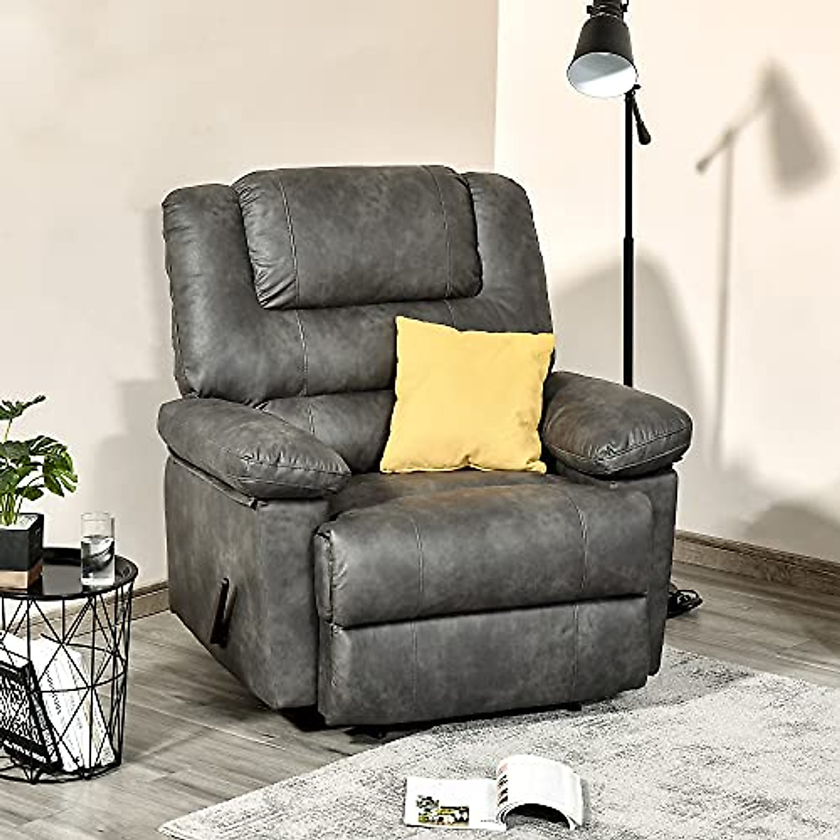 HOMCOM Manual Recliner Chair Overstuffed Single Sofa with Wide Cushioned Seat, Flip-Up Storage Armrests, 2 Cup Holders and Oversized Headrest, Grey