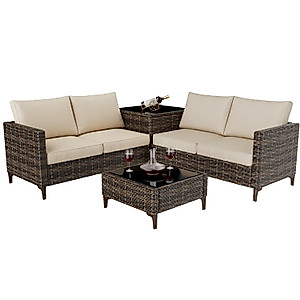 Outdoor PE Wicker Furniture Set 4 Piece Patio Black Rattan Sectional Loveseat Couch Set Conversation Sofa with Storage Box Glass Top Table and Non-Slip Beige Cushion