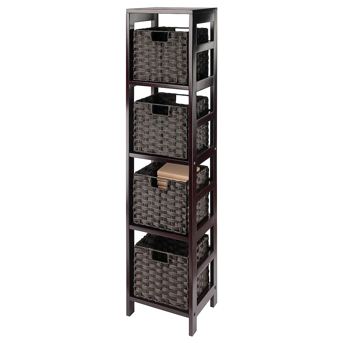 Winsome Wood Leo 5-Pc Storage Shelf with 4 Foldable Woven Baskets - Espresso and Chocolate