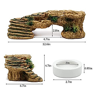 PAULOZYN Reptile Shale Scape Step Ledge Ramps Turtle Basking Platforms Hide Cave 12.6in Large Rock for Reptile Aquarium Bearded Dragon Chameleon Tortoise Lizards Resin, with Ceramic Food Dish Bowls