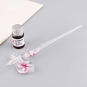 BUZHI Handmade Floral Glass Dip Pen Set,Signature Pen Glass Calligraphy Pen and 4 Colors Ink,1 Pen Holder,1 Washing Bottle,for School Stationery Gifts