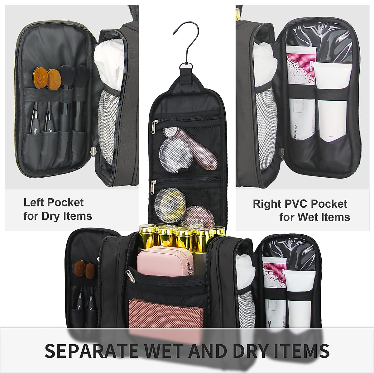 AmoVee Hanging Toiletry Bag for Women and Men, Extra Large Travel Cosmetics Bag, Portable Organizer Bathroom Shower for Hygiene Bag/Toiletries/Makeup, Black