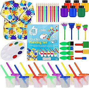 J MARK 43 Piece Toddler Painting Set – Spill Proof Paint Cups for Kids, Washable Kids Paint, Painting Tools, Kids and Toddler Paint Set with Art Smock and More
