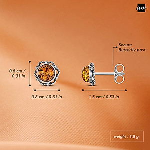 Amberta 925 Sterling Silver with Genuine Baltic Amber - Earrings for Women - Bloom Button Ball - Studs with Honey Stone Color