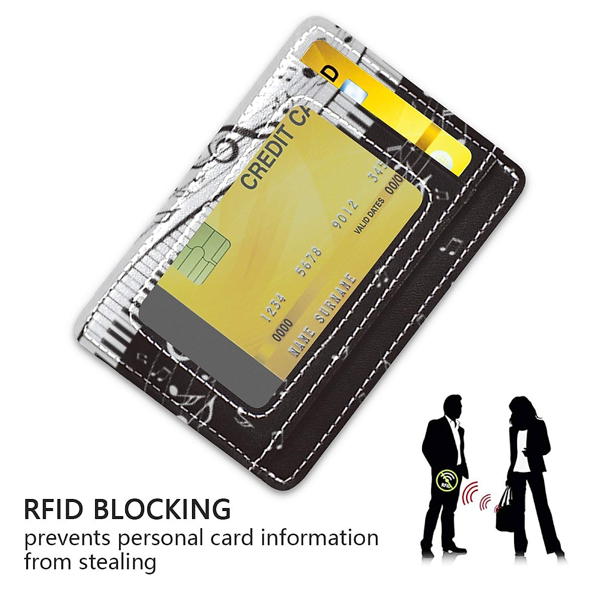 Linomo Thin leather Card Holder and Money Clip Music Note Musical Piano Wallet RFID Blocking for Men & Women