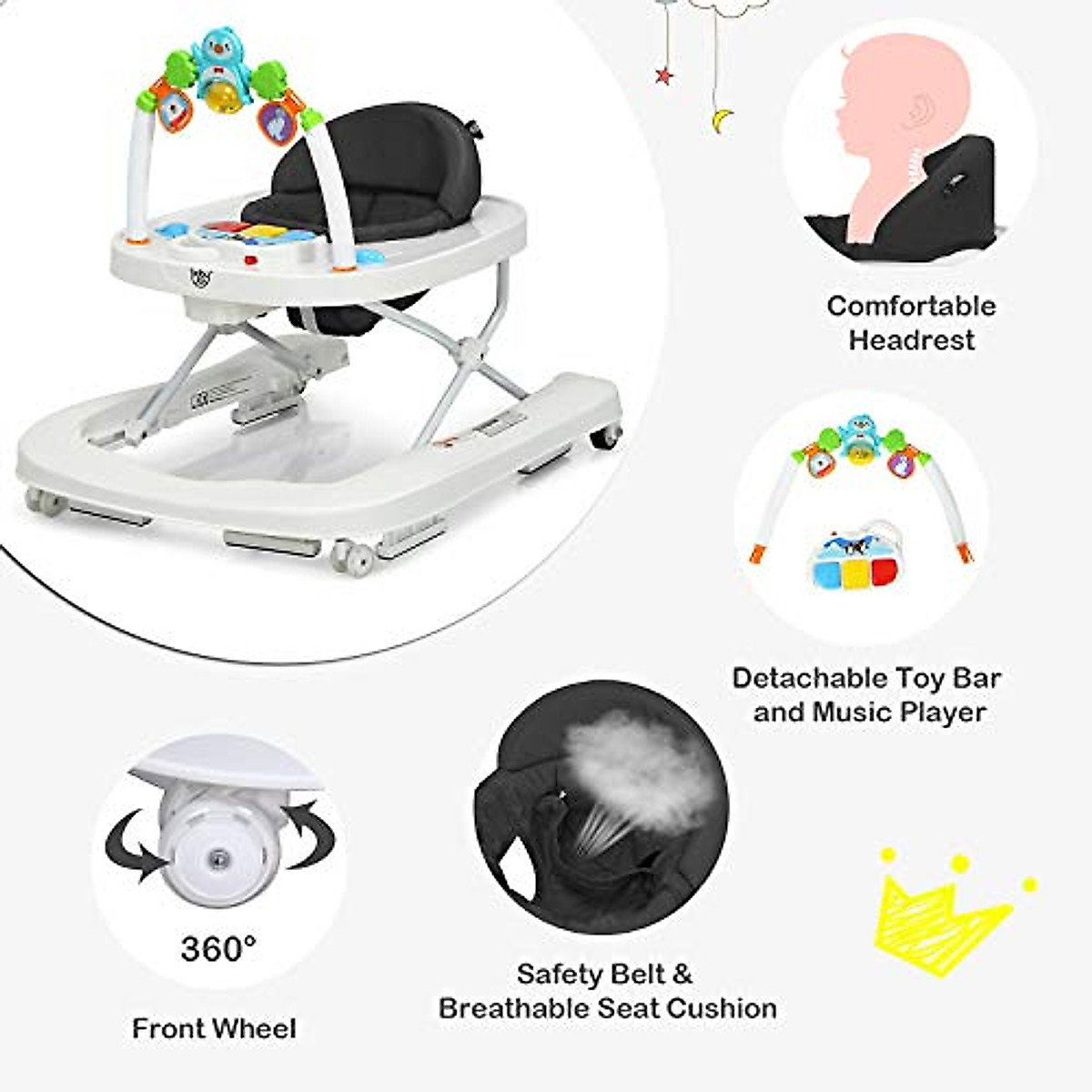 HONEY JOY Baby Walker, Foldable Push Learning Walker Toy-Seated & Walk-Behind with Wheels, Interactive Piano & Pedants, Adjustable Height & & Speed, Padded Seat, Baby Walkers for Boys Girls(Gray)