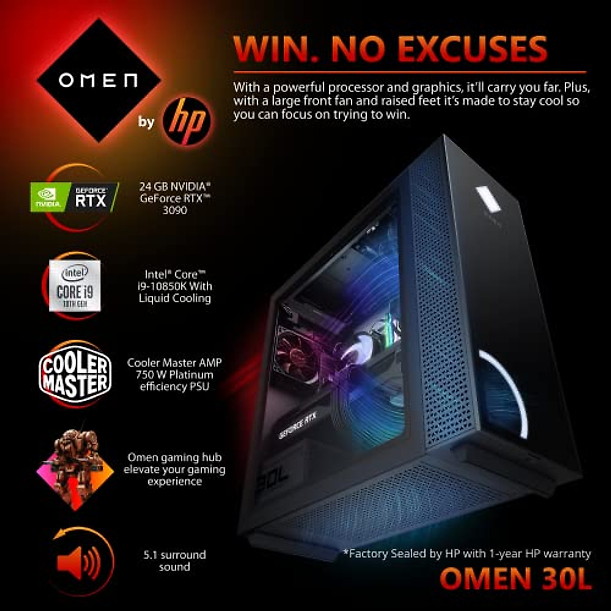 HP Gaming Desktop Tower i9-10850K, Hyper X 32GB RAM DDR4, 1TB NVMe SSD+2TB HDD 7.2K, 24GB Nvidia, 750W Cooler Master PSU, Win 11 Home
