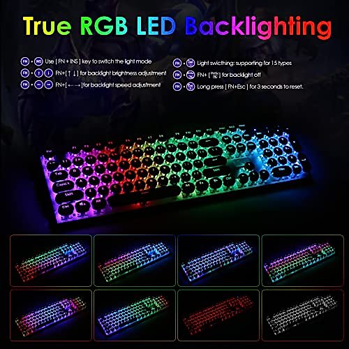 HUO JI E-Yooso Z-88 Mechanical Gaming Keyboard Wired Typewriter Style with Programmable RGB Backlit Clicky Blue Switches Retro Round Keycap Metal Panel for Mac/PC, White