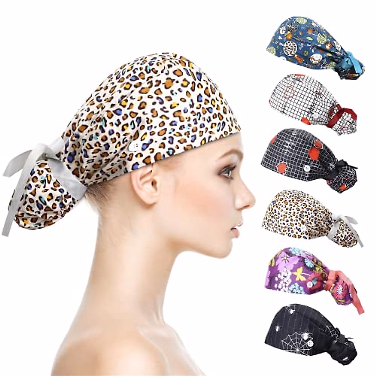 6 pcs Adjustable Bouffant Scrub Turban Cap with Buttons for Nurse Long Hair Ponytail,Surgical Beanie Hat for Medical Working