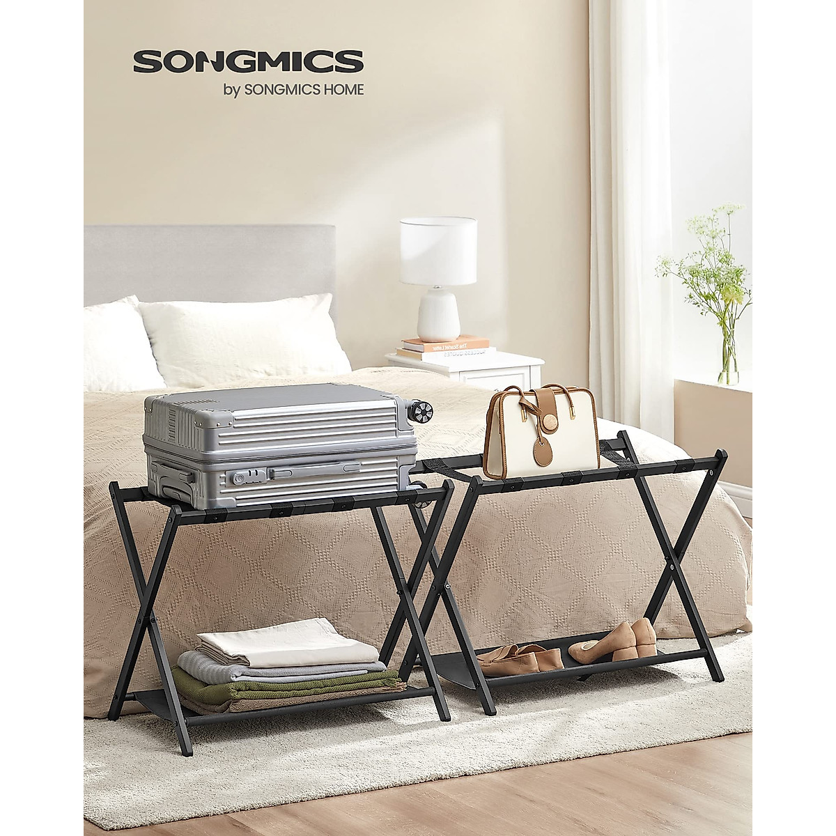 SONGMICS Luggage Racks for Guest Room, Set of 2, Suitcase Stand with Storage Shelf, Steel Frame, Foldable for Easy Storage, Hotel, Bedroom, Black URLR003B02