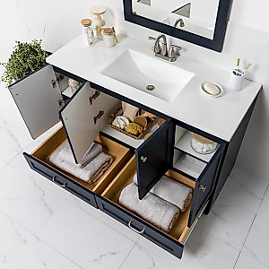 Spring Mill Cabinets Emlyn 48 Inch Bathroom Vanity with White Single Sink Top, 3 Cabinets, 2 Shelves, 2 Drawers, 48.5" W x 18.75" D x 32.89" H, Deep Blue