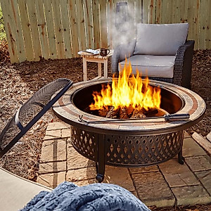 Sunjoy 40 in. Fire Pit for Outside, Patio Outdoor Round Wood Burning Firepit Table with Mesh Spark Screen and Fire Poker
