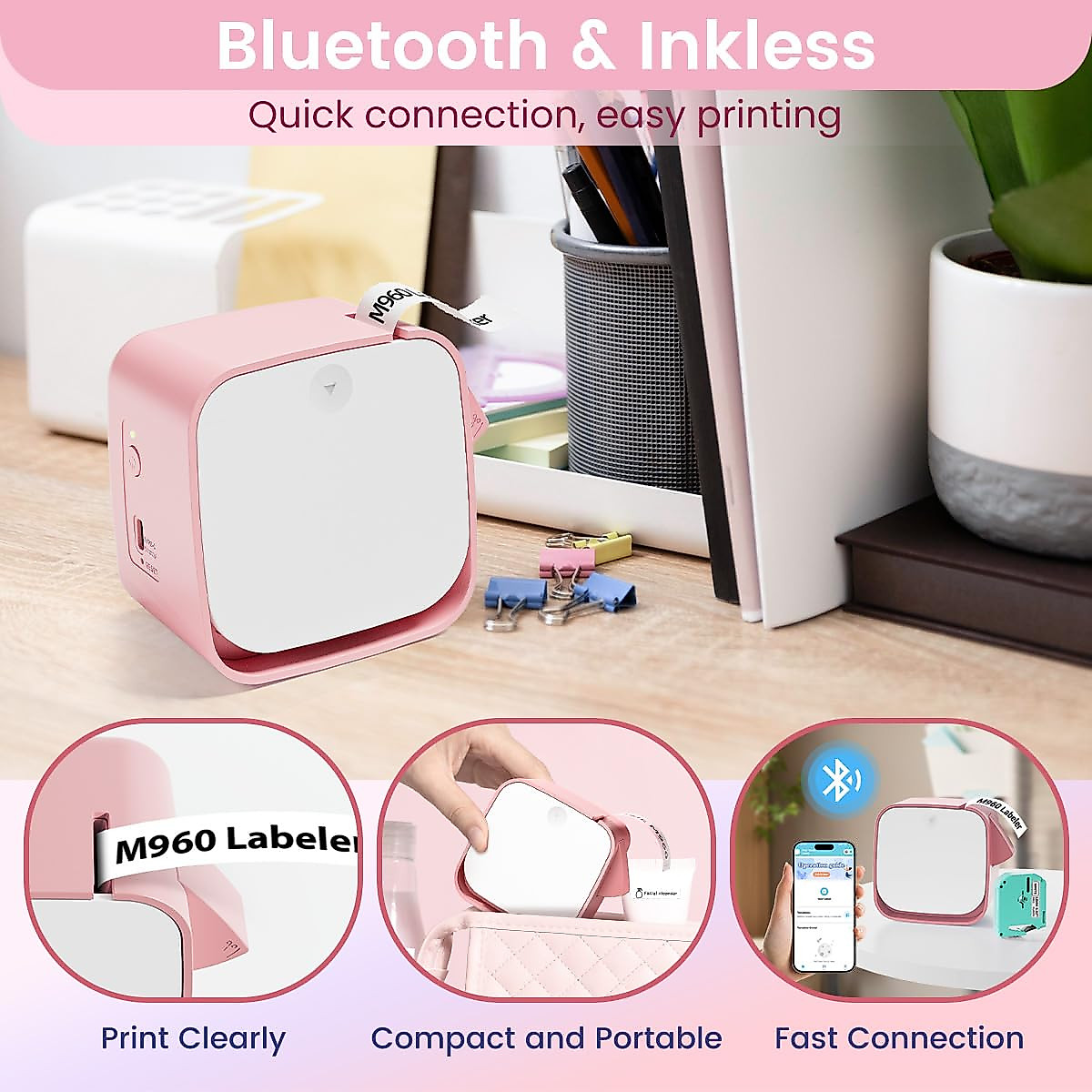 Vixic M960 Label Maker, Bluetooth Labeler, Portable Mini Label Printer, Inkless, Multiple Icons, Home School Office Use