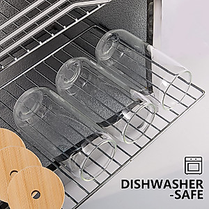 Yirilan 4pcs Glass Cups with Lids and Straws - 16 oz Glass Cups with Bamboo Lids, Iced Coffee Cup, Drinking Glasses, Clear Glass Cups- 2 Cleaning Brushes