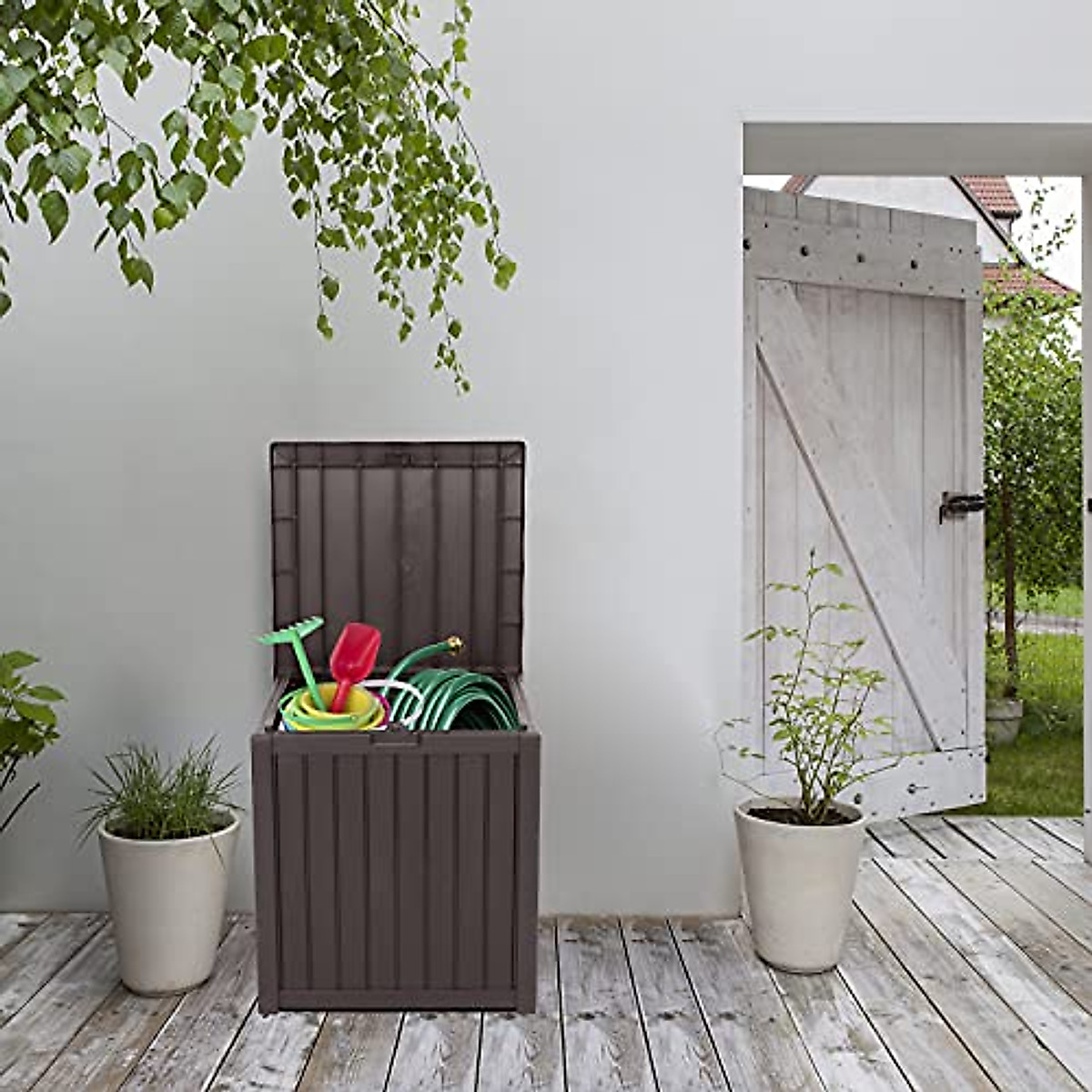 VINGLI 51 Gallon Medium Deck Box Organization, Resin Storage Box for Patio Furniture or Tools, Indoor & Outdoor Lockable Container Box for Garden, Pool, Yard, Porch and Balcony (brown)