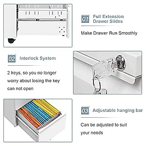 HOMEER 2 Drawer Mobile File Cabinet with Lock and Wheel,Anti-tilt Design Metal Vertical Filing Cabinet,Rolling Desk Filing Cabinet fits Letter/Legal Size for Home Office(White)