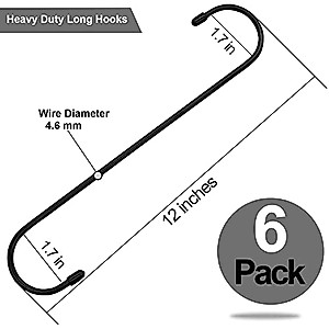 ESFUN 6 Pack 12 inch Extra Large S Hooks Black Heavy Duty Long S Hooks for Hanging Plant Extension Hooks for Kitchenware,Utensils,Pergola,Closet,Flower Basket,Garden,Patio,Indoor Outdoor Uses