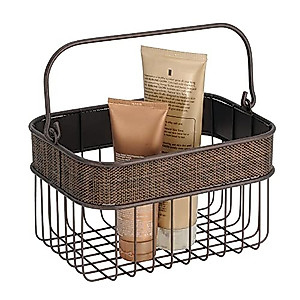 mDesign Metal Woven Storage Basket Bin with Handle for Organizing Hand Soaps, Body Wash, Shampoos, Lotion, Conditioners, Hand Towels, Hair Accessories, Body Spray, Mouthwash - Small - Bronze