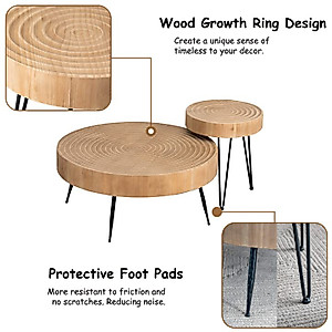 COZAYH 2-Piece Modern Farmhouse Living Room Coffee Table Set, Nesting Table Round Natural Finish with Handcrafted Wood Ring Motif