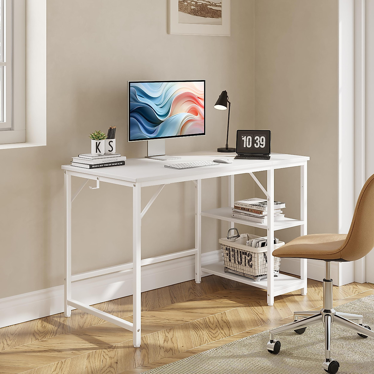 JOISCOPE Home Office Computer Desk with Wooden Storage Shelf,Office White Desk and Gaming Table with Splice Board,2-Tier Industrial Morden Laptop Study Writing Desk,48 x 24 inches(White Finish)