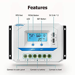 EPEVER® 45A Solar Charge Controller 12V/24V/36V/48V Auto Working PWM Solar Panel Charge Regulator with LCD Display and Powerful Dual USB Output