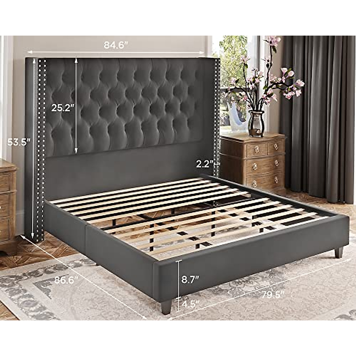 Jocisland King Bed Frame Wingback Headboard Upholstered Bed Velvet Tufted Deep Button/No Box Spring Needed/Easy Assembly/Dark Gray