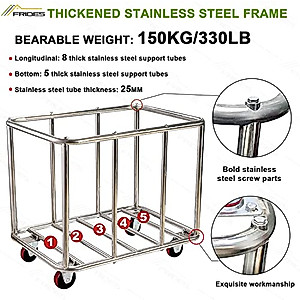 Commercial Laundry Cart on Wheels, 11.35 Bushels Large Laundry Roller with Removable Waterproof Canvas Lined Basket, Heavy Duty Stainless Steel Laundry Basket for Hotels and Hospitals