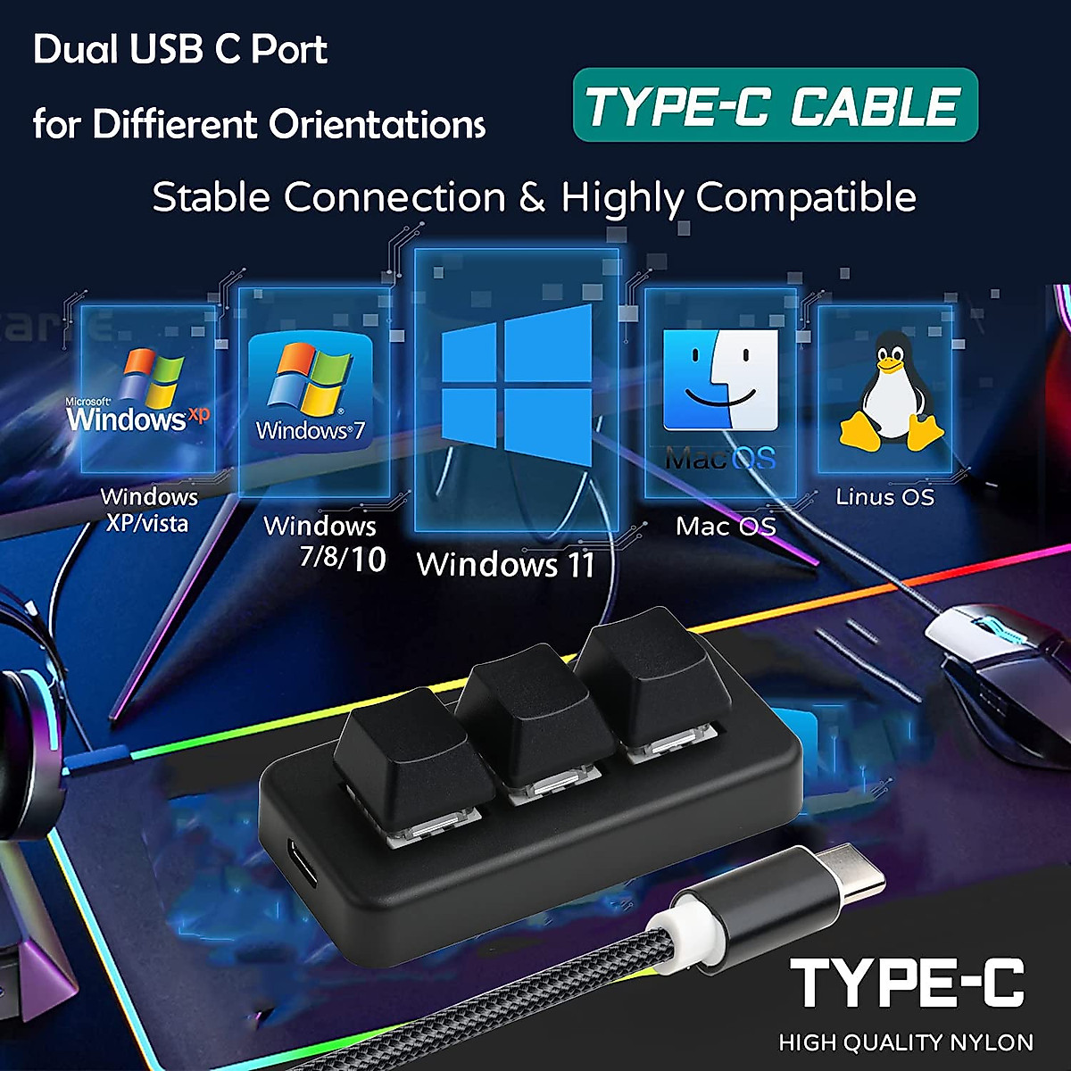 iKKEGOL Mini USB Type C Wired 3 Key Mechanical Keypad 9 Keys Fully Progammable Macro Gaming Keyboard,One- Handed Control RGB Light HID Pad (Black)