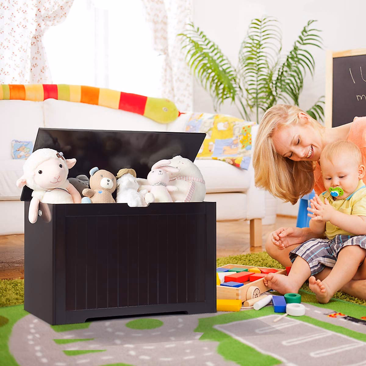 Costzon Wooden Toy Box, Toy Chest & Storage Organizer with Flip-Top Lid & Finger-Pinch Prevention, Corner Toy Cabinet with Handles, Large Toy Bench Storage for Kids Play Room, Daycare (White)