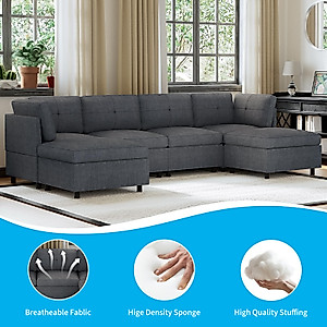 Mjkone Convertible Sofa Couch, Modern U Shaped Sofa with Tufted Back Cushion, 6 Seat Oversized Sectionals Sofa Couch with Ottomans for Living Room/Apartment/Office (Beige)