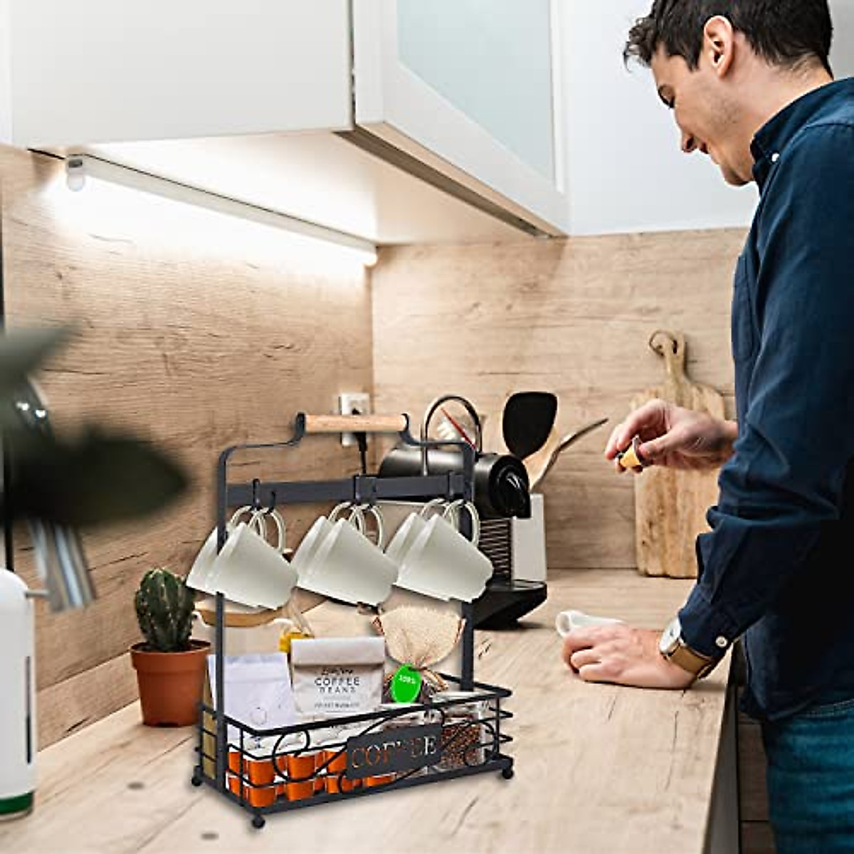 TreeLen Coffee Mug Holder with Removable Hooks, 6 Capacity Coffee Cup Holder for Countertop, Metal Coffee Mug Rack for Coffee Bar, Coffee Mug Tree for Large Mugs, Black