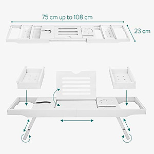 Navaris Bed and Bath Tray - Wooden Rack with Folding Legs - Bamboo Bathtub Caddy Bridge Shelf with Book or Tablet Stand - White