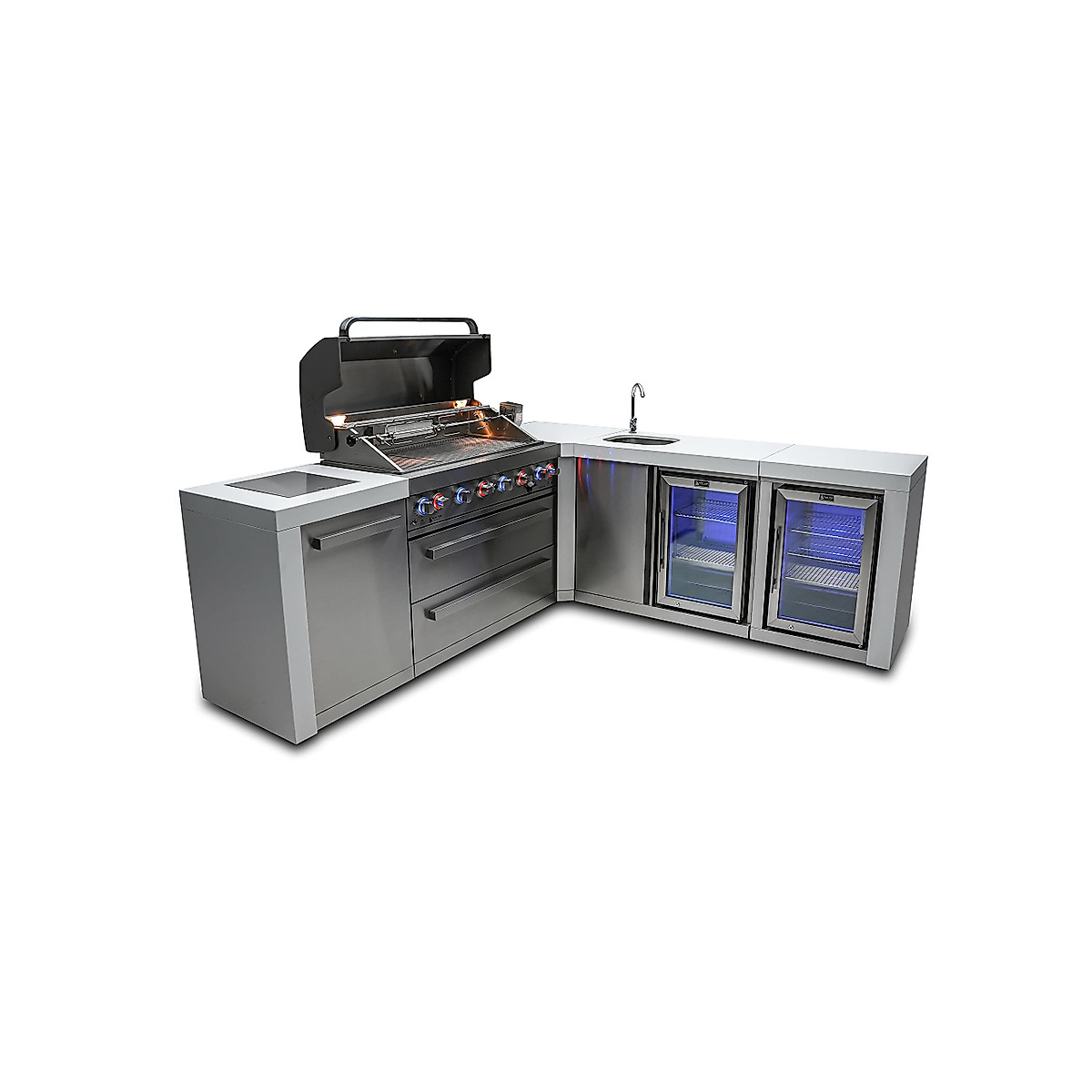Mont Alpi MAi805-D90BEVFC 44-inch 6-Burner 115000 BTU 90 Degree Corner Deluxe Stainless Steel Gas Outdoor Kitchen Barbecue Island Grill + Lockable Compact Refrigerator + Faucet & Sink + Rotisserie Kit