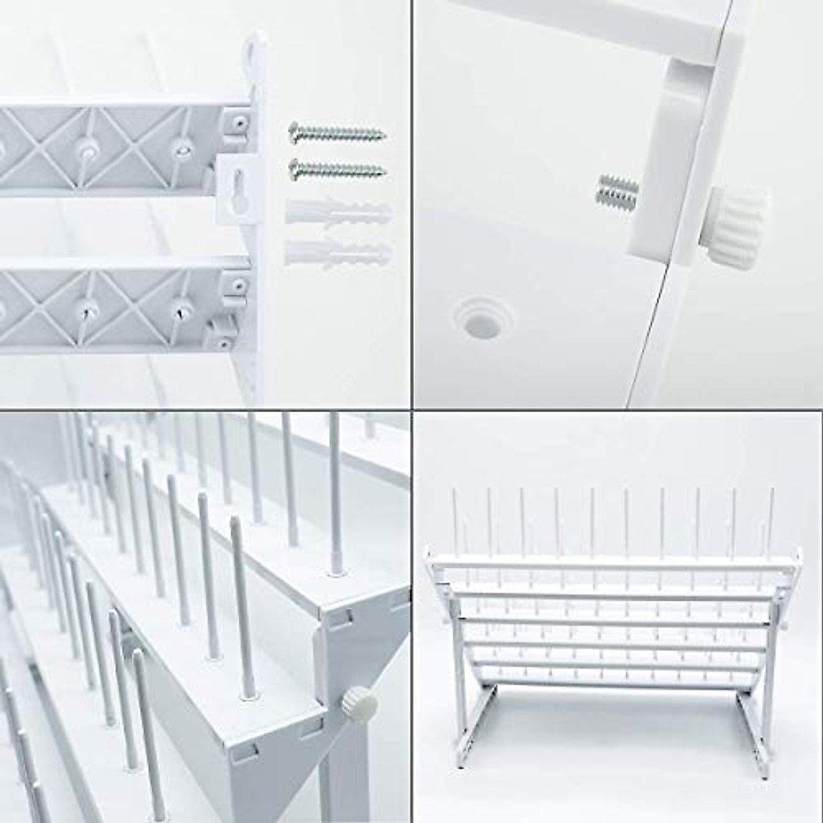 Sew Tech Thread Rack for 60 Spools or 30 Cones, Wall Mounted Large Thread Holder with Long Pegs, Bright White Plastic Thread Stand for Embroidery Serger Sewing Thread Storage and Hair Braiding