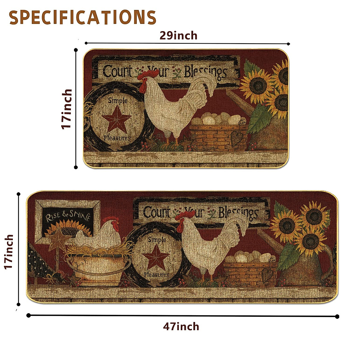 DXSHCG Farmhouse Decorative Kitchen Rugs and Mats Set of 2, Farm Rooster Non-Slip Kitchen Mats,Seasonal Holiday Party Sets Washable Low-Profile Floor Mats - 17x29 and 17x47 Inch