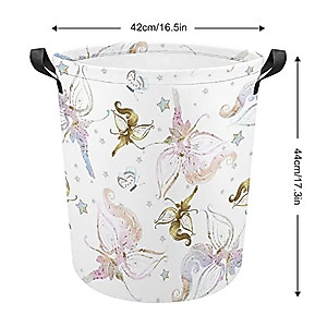 HoaMoya Collapsible Watercolor Butterfly Laundry Basket Cute Fairies Freestanding Laundry Hamper With Handles Large Waterproof Cloth Toy Storage Bin for Household Bedroom Bathroom