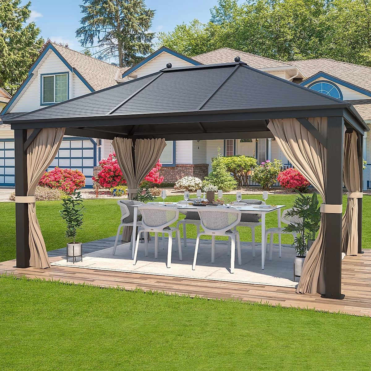 Mellcom Hardtop Gazebo 10x13ft Outdoor Galvanized Steel Canopy Curtains Aluminum Furniture with Netting for Garden,Patio,Lawns,Parties
