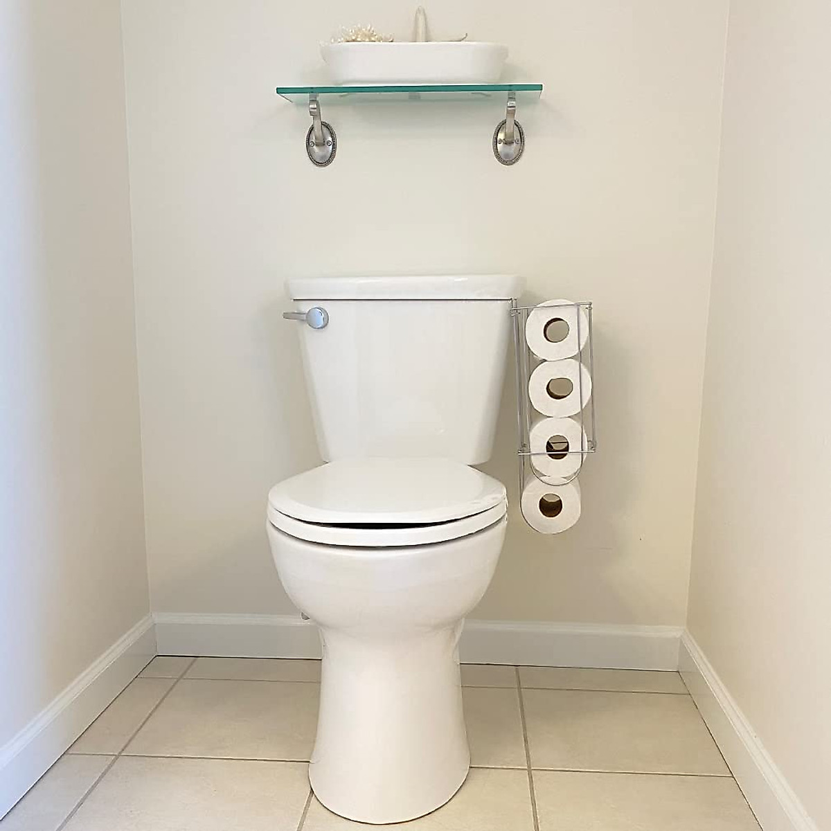 Evelots Over The Tank Metal Hanging Toilet Paper Holder and Spare Reserve, Holds 4 Rolls for Bathroom Storage, No Tool Install, Chrome