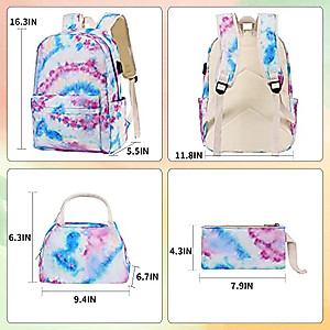 Woosir Girls Backpack for School Backpacks Tie Dye Kids Bookbags School Bags with USB Charger Port Back to School Backpack Gift School Supplies for Kids Teen Girls Elementary with Lunch Box