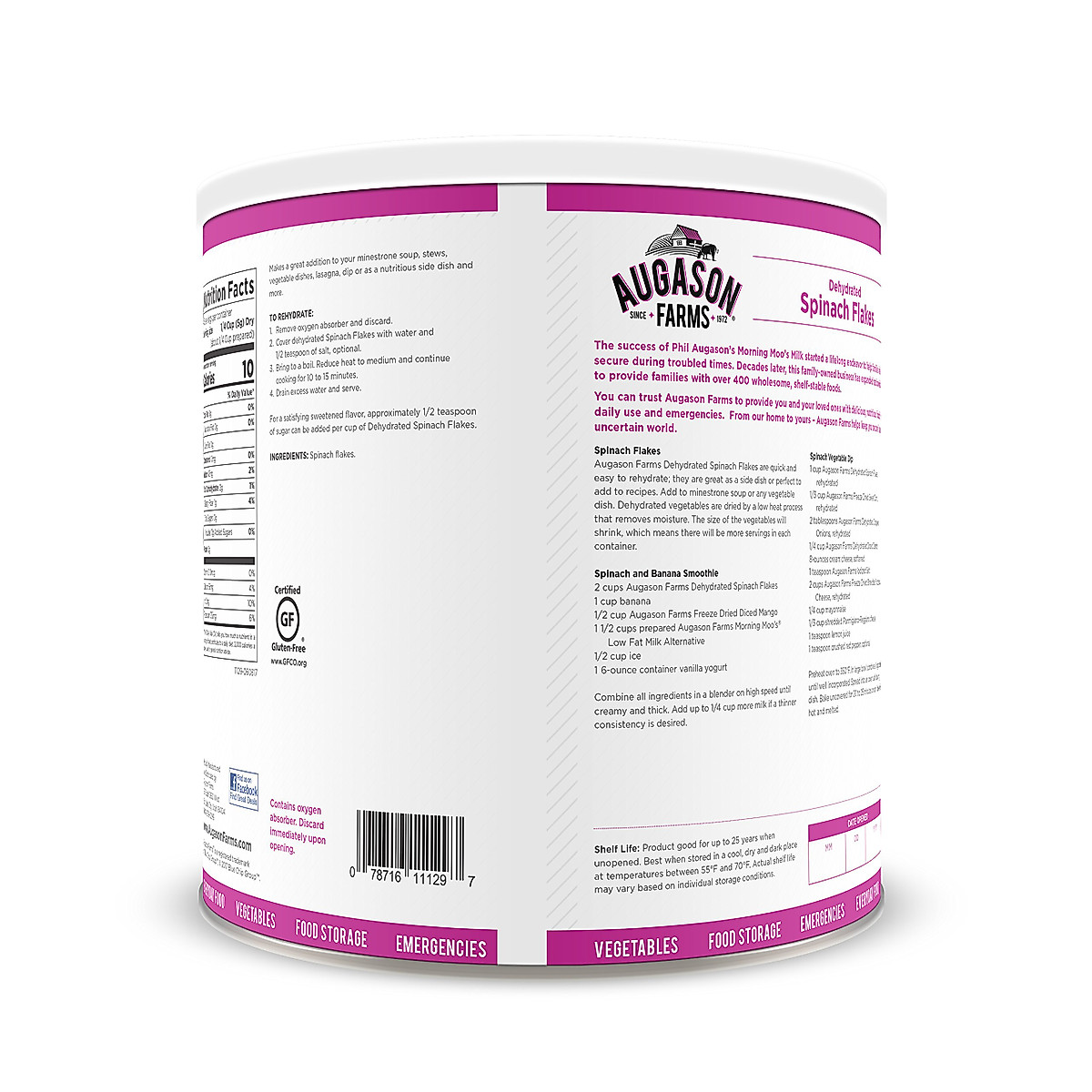 Augason Farms Dehydrated Spinach Flakes 8 oz No. 10 Can