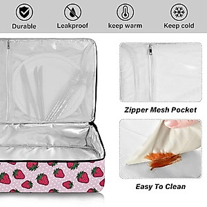 Kcldeci Insulated Thermal Food Carrier Insulated Casserole Carrier for Hot or Cold Food,Red Strawberries with Dot Polka Insulated Tote Bag for Potluck Cookouts Parties Picnic,Lasagna Lugger