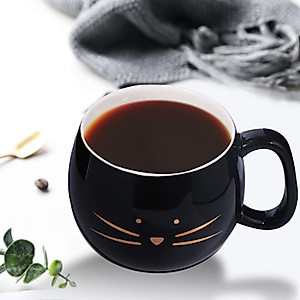Koolkatkoo Cute Cat Coffee Mug with Cell Phone Holder Lid for Cat Lover Unique Ceramic Tea Mugs with Gold Cat Porcelain Cup Gift for Women Black