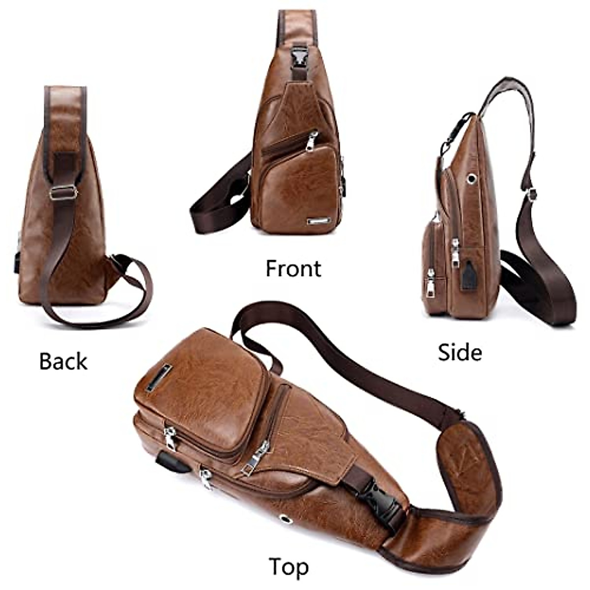 ESLETO Men's Sling Bag Chest Shoulder Backpack Waterproof Crossbody Bag with USB Charging Port for Travel Hiking (Brown)