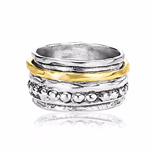 925 Sterling Silver/14K Gold Plated Silver Spinner Ring Unisex, Bold Hammered Beaded/Freshwater Pearl Floral Etched and Hammered, Oxidized, Hypoallergenic, Nickel Lead-free, Made in Israel (Size 5-11)