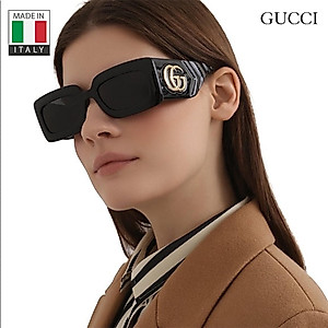 Gucci GG0811S Black Grey Rectangle Women's Sunglasses + Bundle with eSHADES Luxury Eyewear Kit