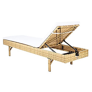 SAFAVIEH Outdoor Collection Cam Natural Brown Wicker/White Cushion Adjustable Chaise Lounge Chair, Black/Beige (PAT7501D)