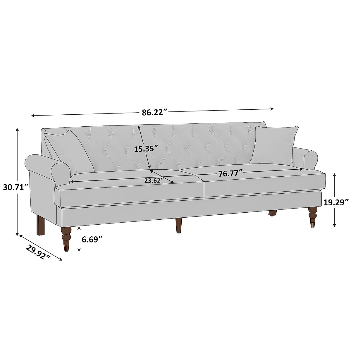 86" Velvet Sofa Couch, Mid-Century Modern Tufted Loveseat Sofa, 3 Seater Sofa Couches for Living Room, Comfy Couch Modern Sofa with Upholstered Cushion, Small Couch for Bedroom Apartment Office