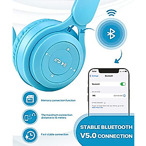 Kids Bluetooth Headphones, Wireless Headphones for Kids with Built-in Microphone, Over Ear Foldable Stereo-Bass Aux 3.5mm Cord, Wireless Bluetooth Headsets for Children Boys Girls School (Blue)